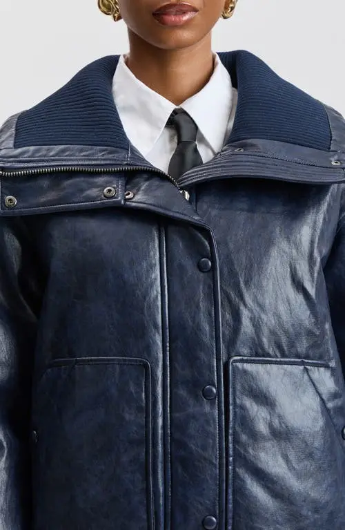 Avec Les Filles Wide Collar Oversized Padded Faux Leather Bomber Jacket