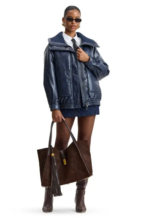 Avec Les Filles Wide Collar Oversized Padded Faux Leather Bomber Jacket