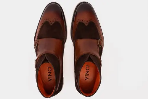 VINCI LEATHER SHOES The Albus Leather & Suede Double Strap Monk Brogue Boot