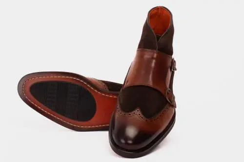 VINCI LEATHER SHOES The Albus Leather & Suede Double Strap Monk Brogue Boot