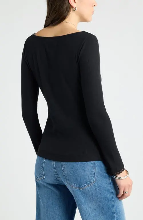 Caslon Ribbed Bateau Neck Long Sleeve Top - Black