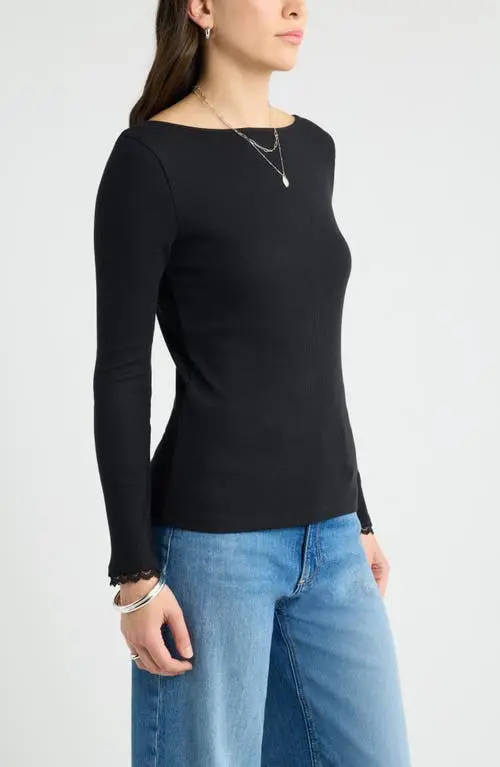 Caslon Ribbed Bateau Neck Long Sleeve Top - Black