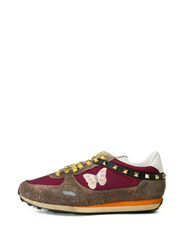 Valentino Garavani Stud Up Sneaker In Split Leather And Nylon With Butterfly Embroidery