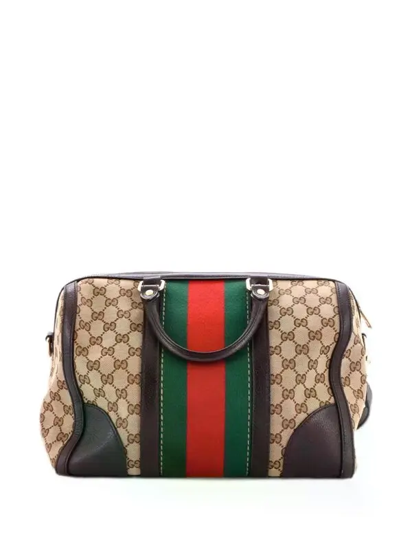 Gucci Vintage Bee Web Boston Bag Gg Canvas Medium Satchel - Brown