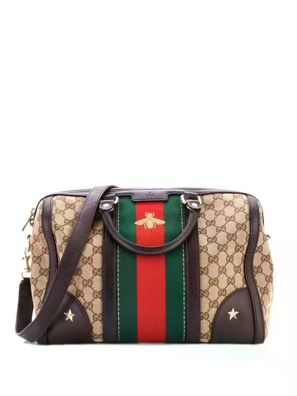 Gucci Vintage Bee Web Boston Bag Gg Canvas Medium Satchel - Brown