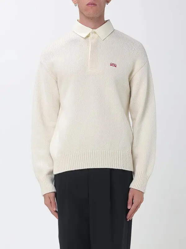 Loewe Long-sleeved Wool Knit Polo With Ribbed Collar And Cuffs - Ecru