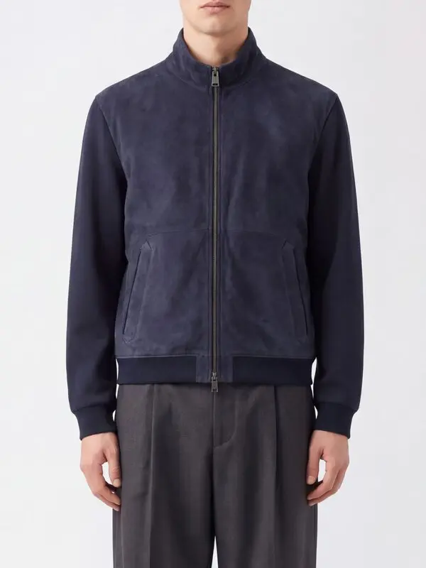 Canali Suede Leather Bomber Jacket With High Neck And Zip Closure