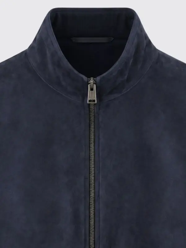 Canali Suede Leather Bomber Jacket With High Neck And Zip Closure