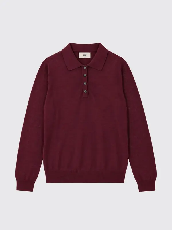 SOLOTRE Long-sleeved Wool Knit Polo Shirt With Ribbed Collar - Wine
