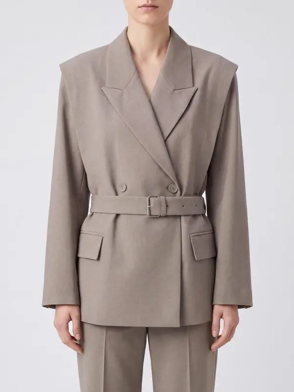 SOLOTRE Polyester Double-breasted Blazer With Waist Belt And Peak Lapels