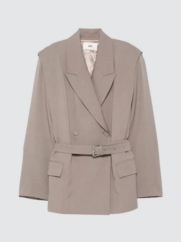 SOLOTRE Polyester Double-breasted Blazer With Waist Belt And Peak Lapels