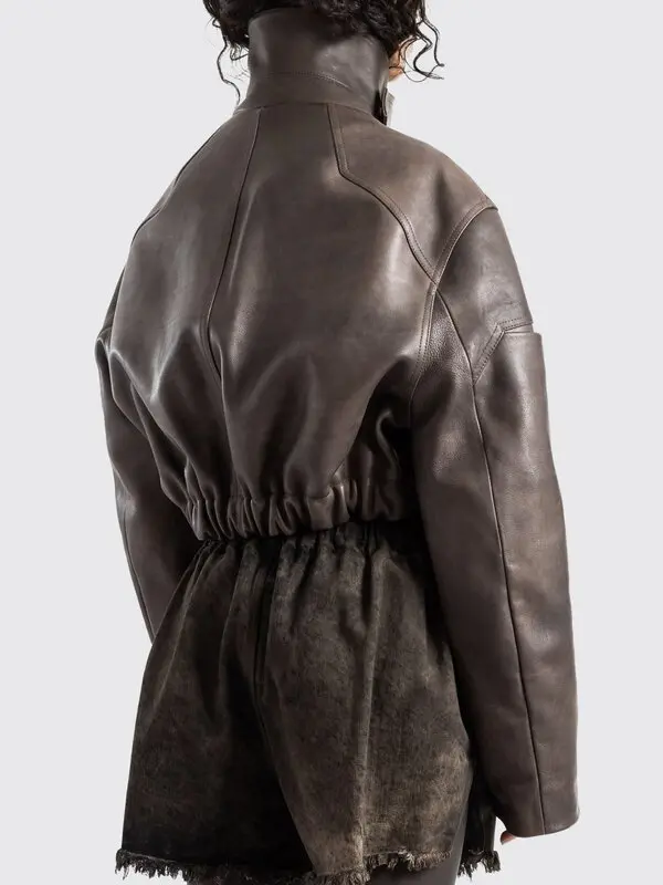 Rick Owens Cropped Funnel Neck Calfskin Leather Bomber Jacket - Black
