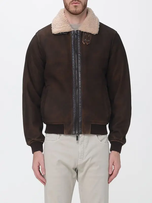 HESKIMO Padded Suede Leather Bomber Jacket With Fur Collar