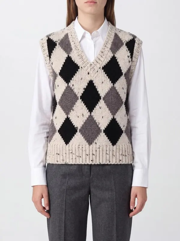 SOLOTRE Argyle V-neck Wool Jumper Vest - Butter