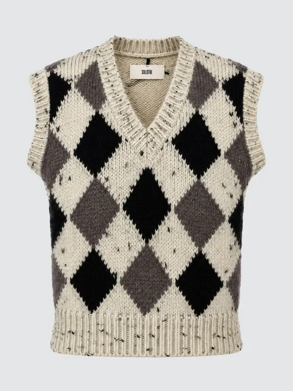 SOLOTRE Argyle V-neck Wool Jumper Vest - Butter