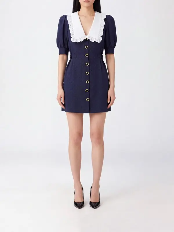 Alessandra Rich Silk Chemisier Mini Dress With Ruffled Collar - Navy