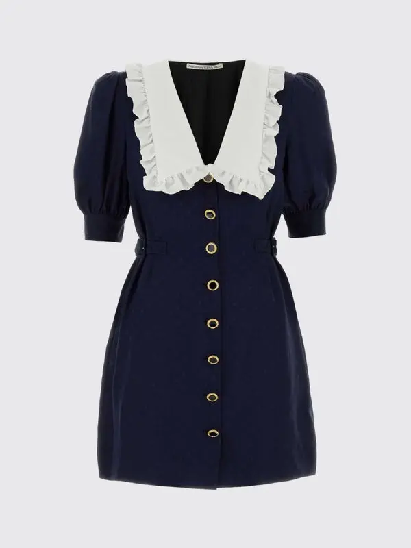 Alessandra Rich Silk Chemisier Mini Dress With Ruffled Collar - Navy