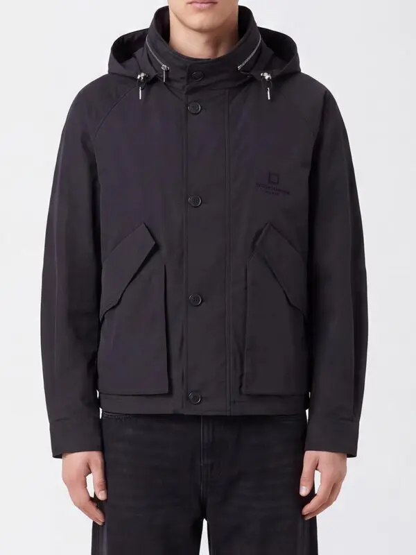 WOOYOUNGMI Hooded Windbreaker Jacket With A High Neck And Button Closure