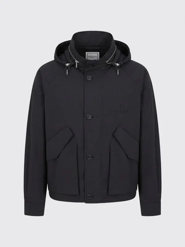 WOOYOUNGMI Hooded Windbreaker Jacket With A High Neck And Button Closure