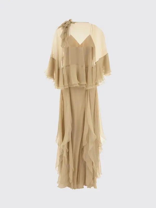 Alberta Ferretti Sleeveless Embroidered Silk Gown With Ruffle Details - Beige
