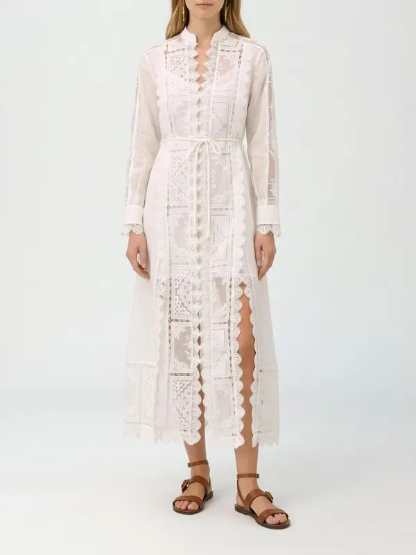 Zimmermann Aster Midi Caftan In Ramie With Mandarin Collar And Lace Inserts