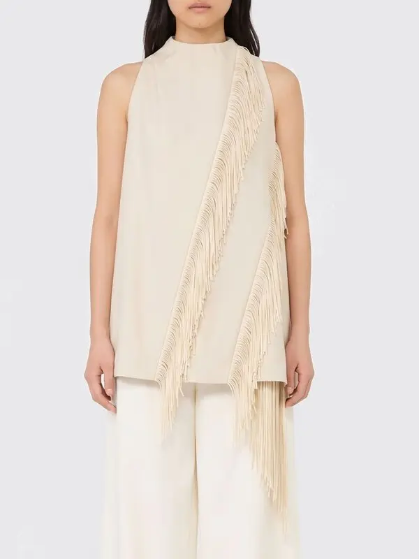 Sportmax Halterneck Cotton Top With Fringes And Asymmetrical Hem