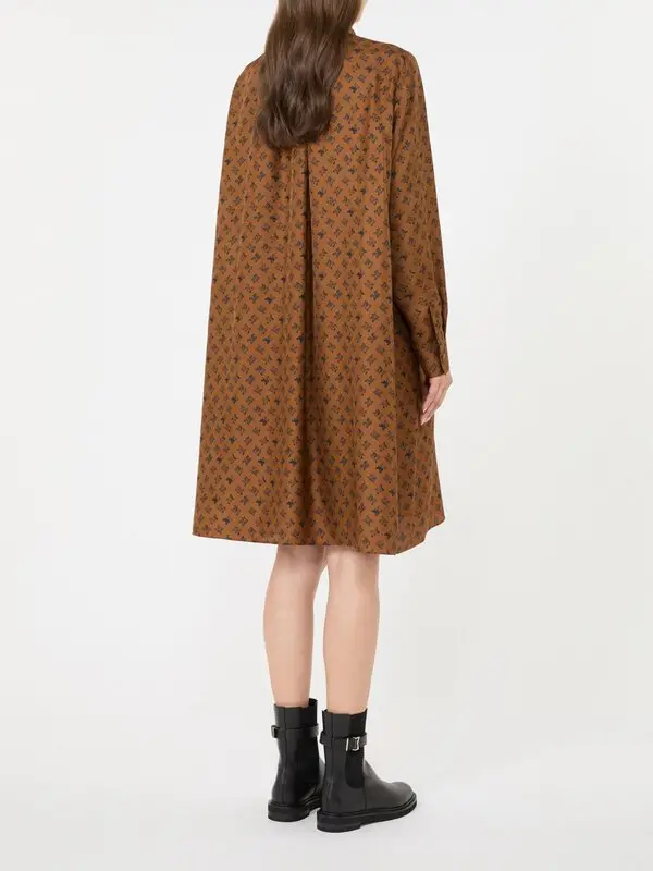 Max Mara Monogram Print Silk Mini Shirt Dress With Mandarin Collar