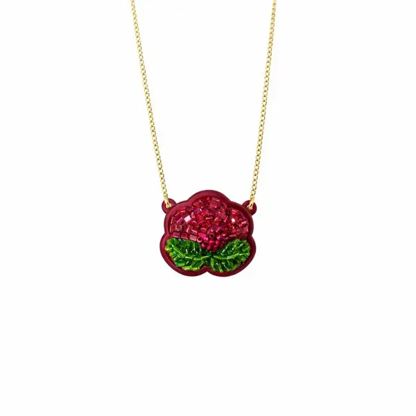GISSA BICALHO Acrylic Handmade Necklace Embroide Cotton Flower Burgundy - Red