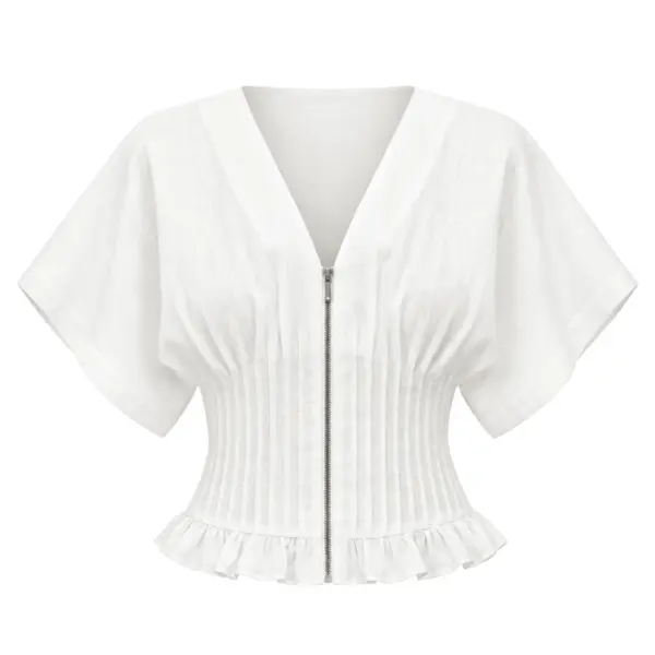 EXQUISE Cherelle Pleated Detail Linen Blouse - White
