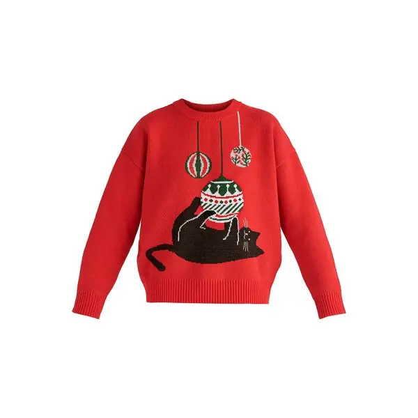 PAISIE Christmas Jumper With Cat And Baubles - Red