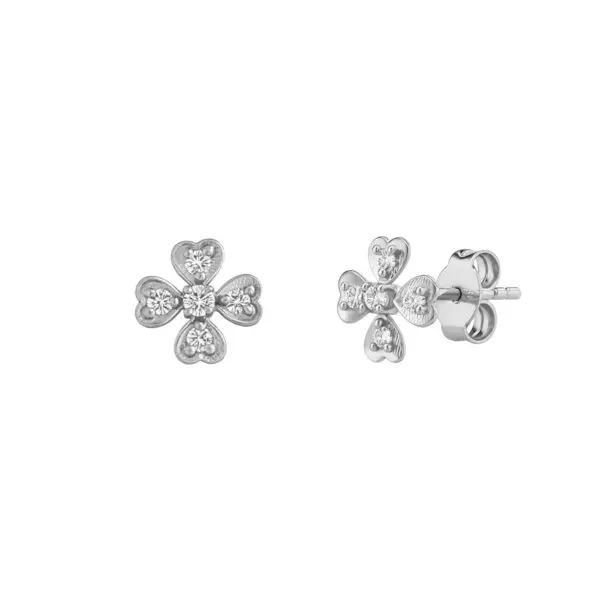 SPERO LONDON Fine 14ct Solid Gold Diamond Clover Earrings White Gold - Silver/white