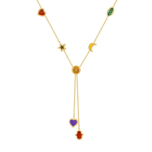 KARMA AND LUCK Multi Gemstone Charm Necklace – Spiritual Symbols Protection Jewelry – Maximize Joy - Gold