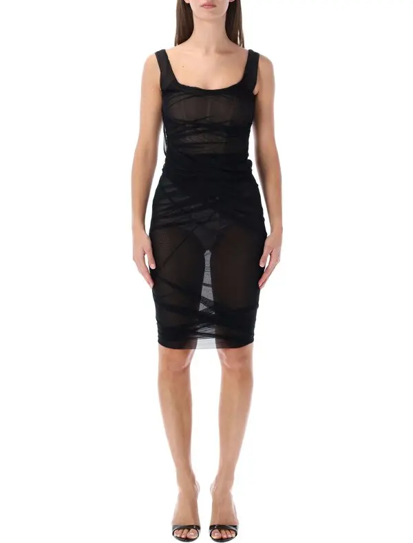 Attico Sheer Mesh Ruched Bodycon Dress - Nero