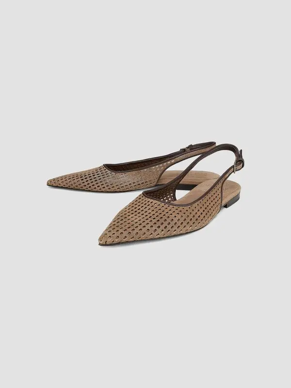 Brunello Cucinelli Perforated Laminated Suede Slingback Flats