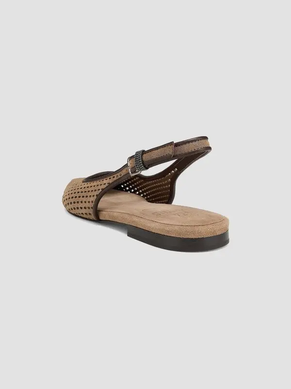 Brunello Cucinelli Perforated Laminated Suede Slingback Flats