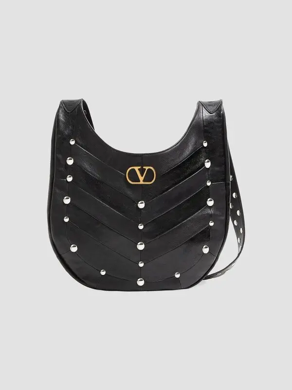 Valentino Garavani Hoboho Hobo Bag In Chevron Pattern Nappa Leather With Studs - Black