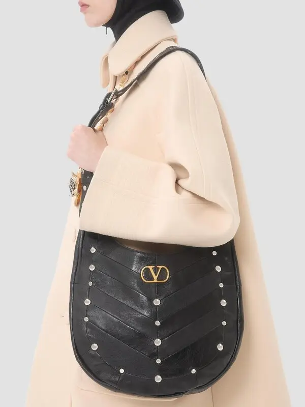 Valentino Garavani Hoboho Hobo Bag In Chevron Pattern Nappa Leather With Studs