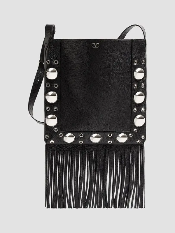 Valentino Garavani Nellcôte Shoulder Bag In Grainy Calfskin With Fringes - Black