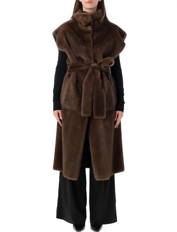 STAND STUDIO Faux Fur Hooded Long Vest - Marrone