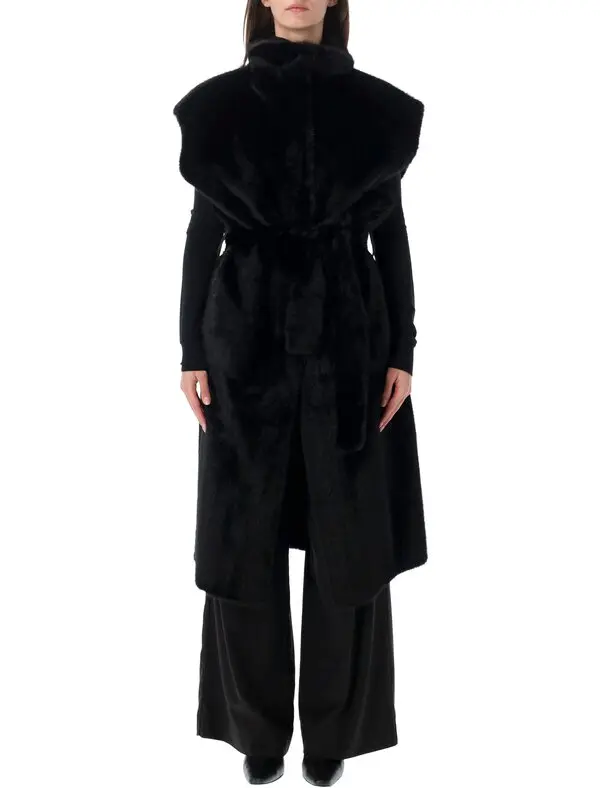 STAND STUDIO Faux Fur Belted Long Vest - Nero