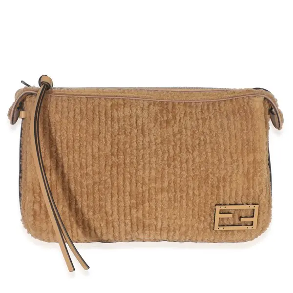 Fendi Miele Scuro Shearling Vitello Simply Shoulder Bag - Brown