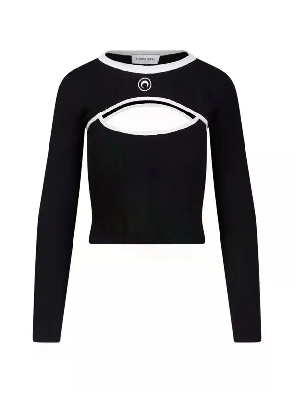 MARINE SERRE Moon-logo Bicolor Ribbed Jersey Long-sleeves Cutout-shirt - Black