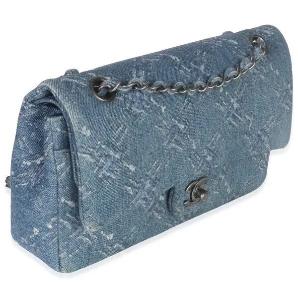 Chanel Bleached Chain Printed Denim Classic Double Flap Bag