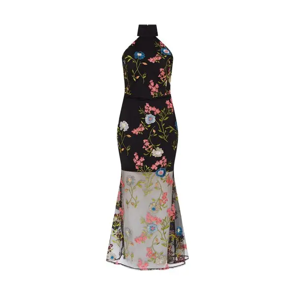 SOUR FIGS Floral-embroidered Halterneck Maxi Dress In Black
