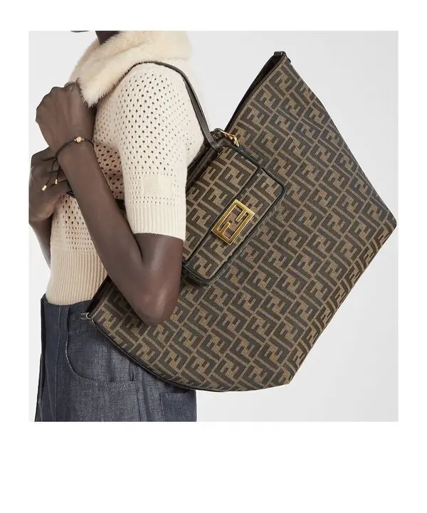 Fendi Tobacco Ff Jacquard And Striped Pequin Fabric Shopper