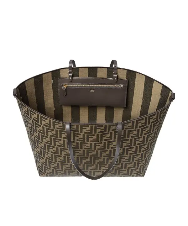 Fendi Tobacco Ff Jacquard And Striped Pequin Fabric Shopper