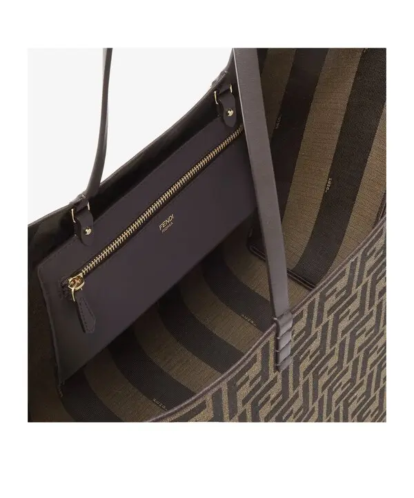 Fendi Tobacco Ff Jacquard And Striped Pequin Fabric Shopper