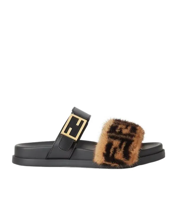Fendi Feel Ff Logo Plaque Slides - Black
