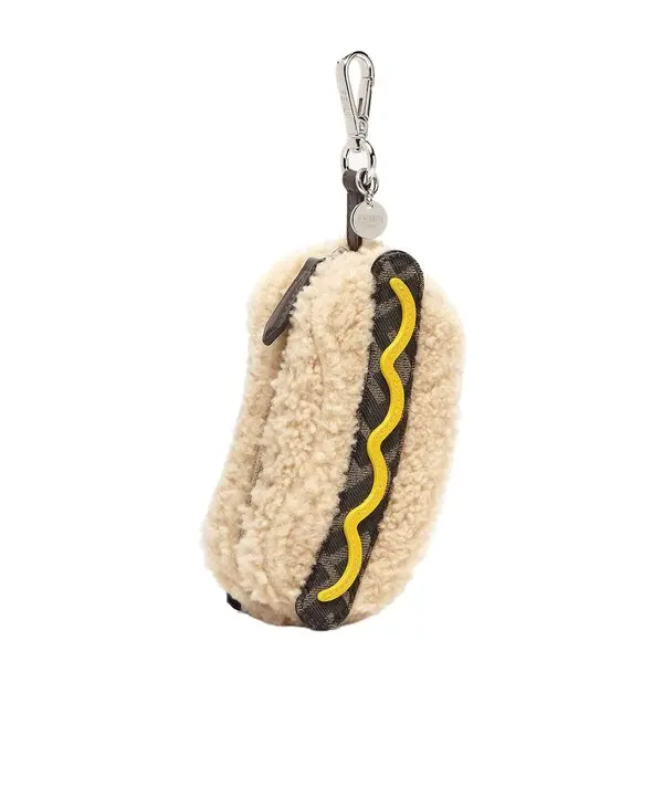 Fendi Sheepskin And Brown Ff Jacquard Charm - Beige
