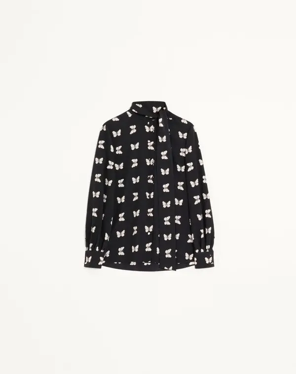 Valentino Garavani Shirt In Butterflow Print Crepe De Chine - Black/vanilla